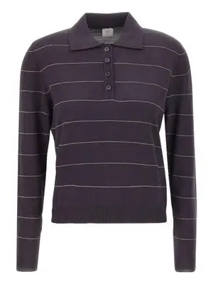 Eleventy Striped Long Sleeve Polo Top - Grey