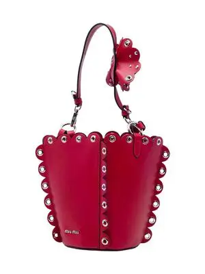 Miu Miu 2010-2026 Calfskin Scalloped Grommet Bucket Bag - Red