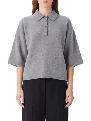 FRAME Cropped Relaxed Fit Cashmere Polo With Short Sleeves - Grey