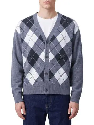 DUNST Argyle V-neck Cardigan In Pure Wool - Grey