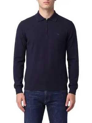 Emporio Armani Long-sleeved Virgin Wool Knitted Polo Shirt With Zip - Blue