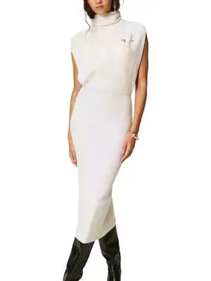 TWINSET Long Wool-blend Knit Dress With Brooch - Neutrals