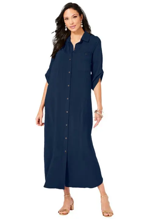 Roaman's Collared Button Front Dress