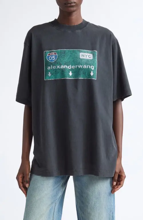 Alexander Wang Oversize Hotfix Crystal Street Sign Graphic T-shirt - Washed Black