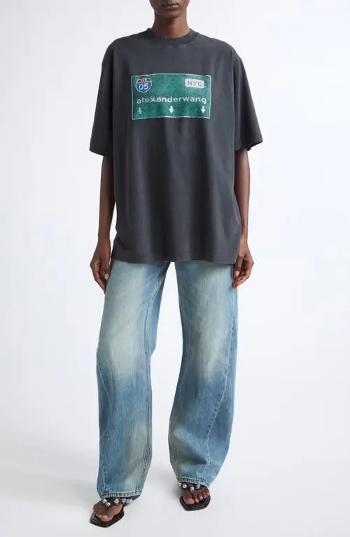 Alexander Wang Oversize Hotfix Crystal Street Sign Graphic T-shirt - Washed Black