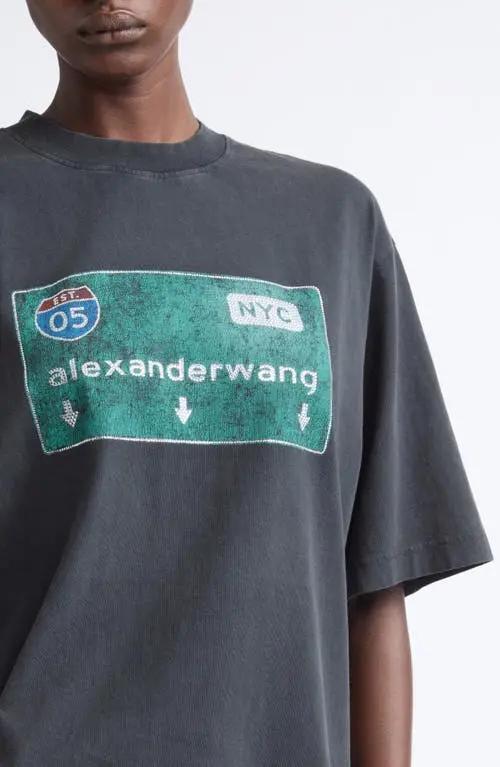 Alexander Wang Oversize Hotfix Crystal Street Sign Graphic T-shirt - Washed Black
