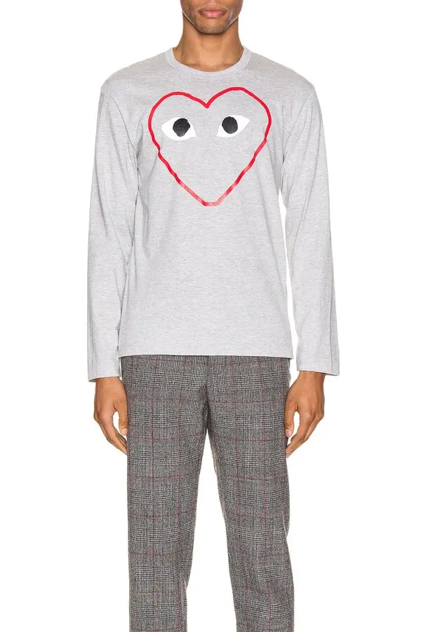 Play Comme Des Garcon Heart Logo Long Sleeve Tee - Grey