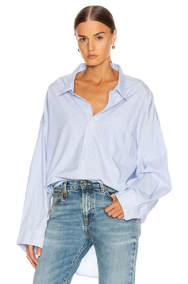 R13 Drop Neck Striped Oxford Shirt - Blue & White Pinstripe