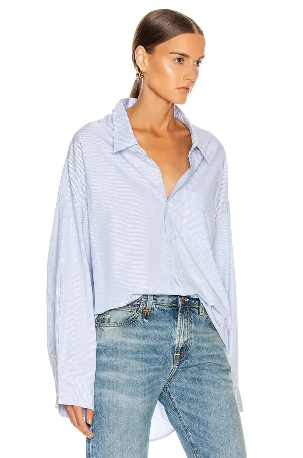 R13 Drop Neck Striped Oxford Shirt - Blue & White Pinstripe