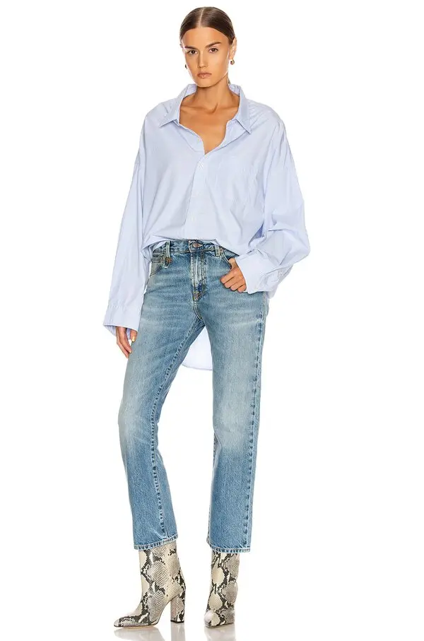 R13 Drop Neck Striped Oxford Shirt - Blue & White Pinstripe