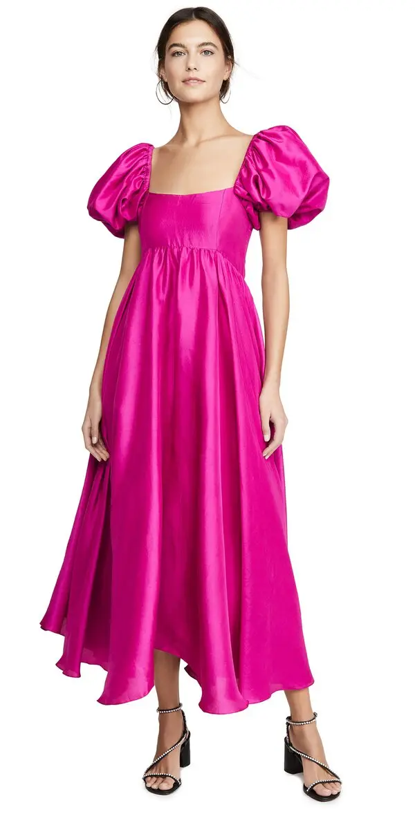 Azeeza Rory Puff Sleeve Silk Dress - Magenta | Editorialist