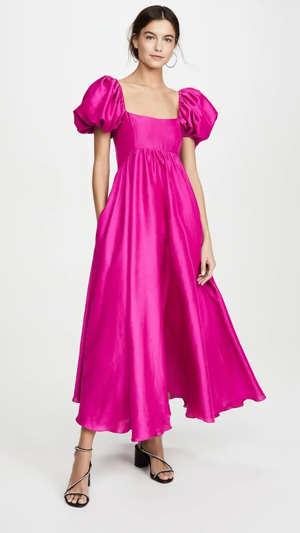 Azeeza Rory Puff Sleeve Silk Dress - Magenta