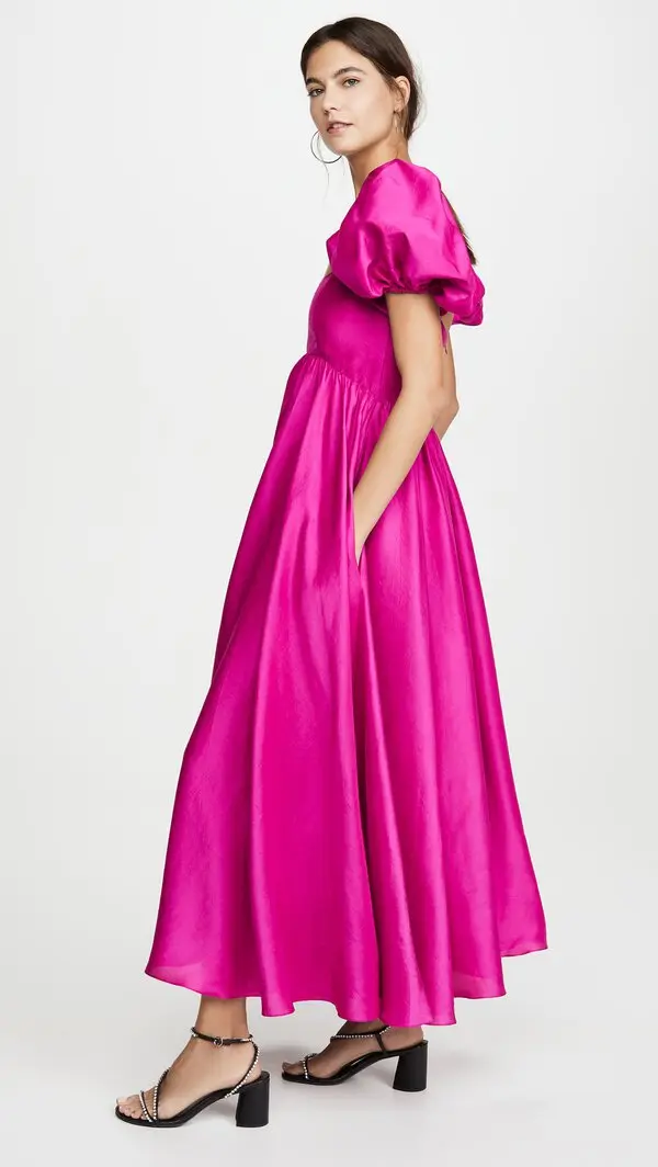 Azeeza Rory Puff Sleeve Silk Dress - Magenta