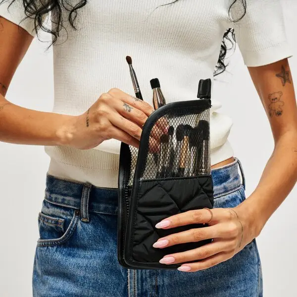URBAN EXPRESSIONS Quilted Nylon Brush Holder With Mesh Compartment - Black