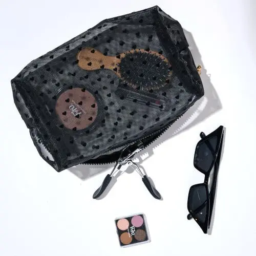 URBAN EXPRESSIONS See Through You Cosmetic & Travel Organizer Pouch With Heart Embroidery - Black
