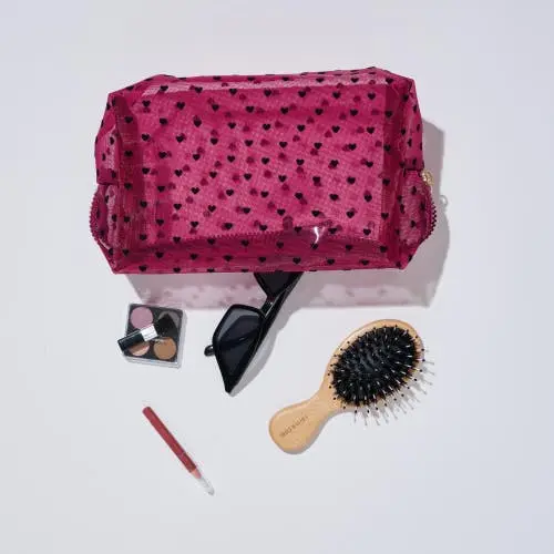 URBAN EXPRESSIONS See Through You Cosmetic & Travel Organizer Pouch With Heart Embroidery - Hot Pink