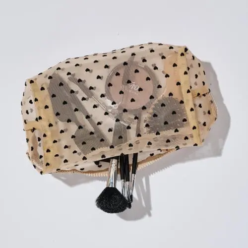 URBAN EXPRESSIONS See Through You Cosmetic & Travel Organizer Pouch With Heart Embroidery - Natural