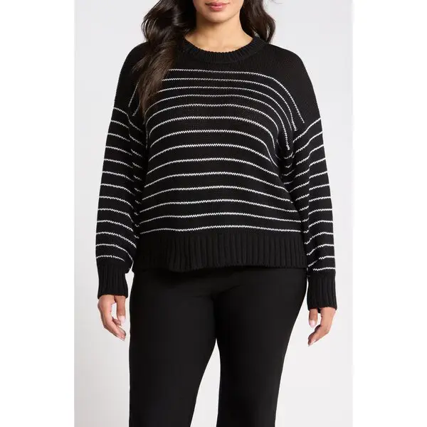 Eileen Fisher Stripe Organic Cotton Crewneck Sweater - Black White