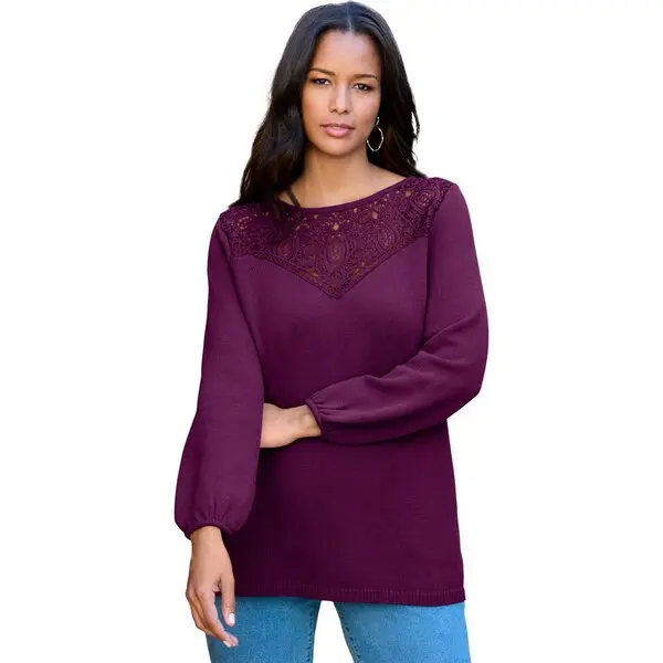 Roaman's Lace Mesh Pullover Sweater - Dark Berry