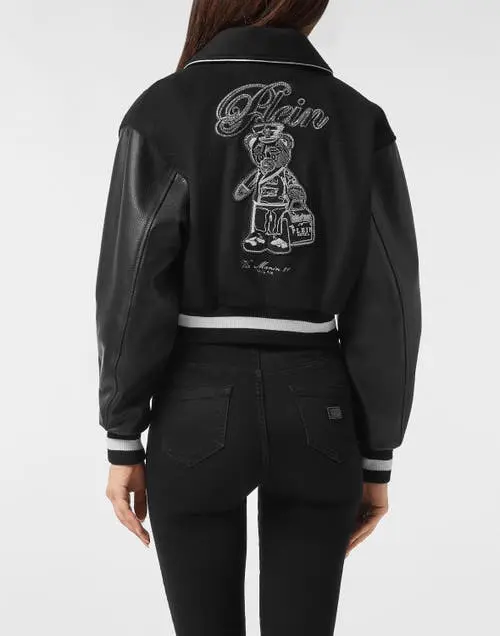 Philipp Plein Wool And Leather College Bomber Jacket - Black