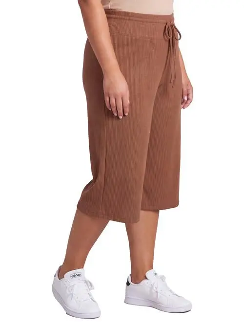24SEVEN COMFORT APPAREL Curvy Basic Ribbed Knit Drawstring Flared Capri Pants - Mocha