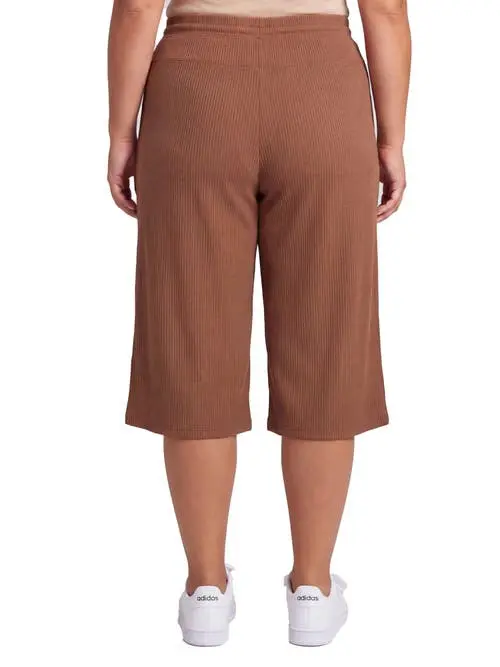 24SEVEN COMFORT APPAREL Curvy Basic Ribbed Knit Drawstring Flared Capri Pants - Mocha
