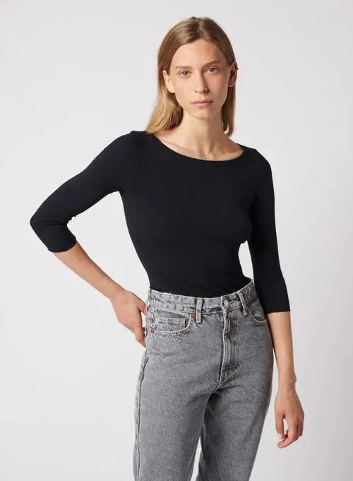 Majestic Filatures Soft Touch 3/4 Sleeve Boatneck T-shirt - Noir