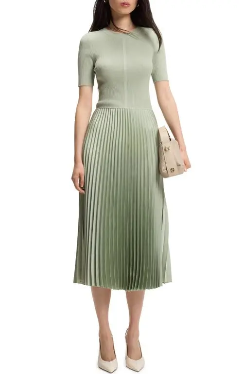 BOSS Ribbed Bodice Pleated Midi Dress - Desert Sage