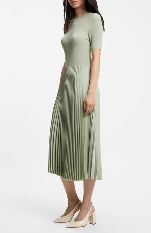 BOSS Ribbed Bodice Pleated Midi Dress - Desert Sage