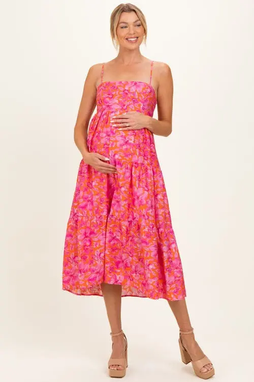 PINKBLUSH Floral Sleeveless Tiered Midi Dress