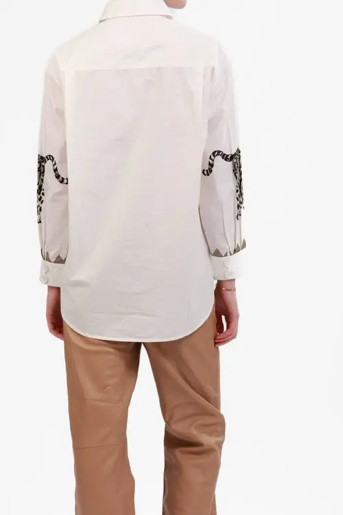 Las Surenas Snow Leopard Appliqué Poplin Shirt - White