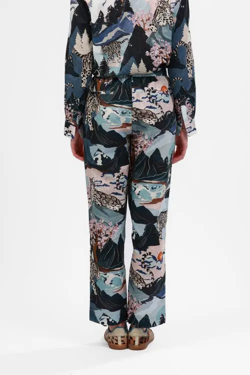 Las Surenas Snow Leopard Print Linen Cotton Pants