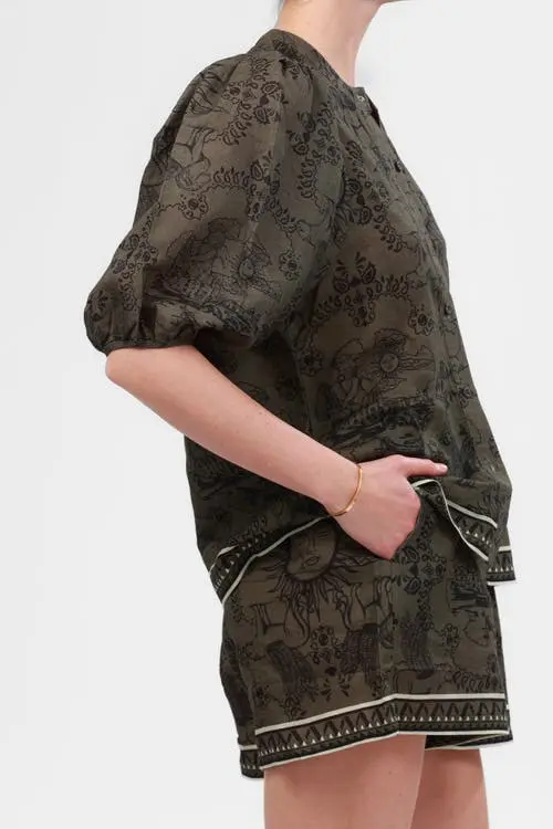 Las Surenas Geometric Print Linen Blend Shorts