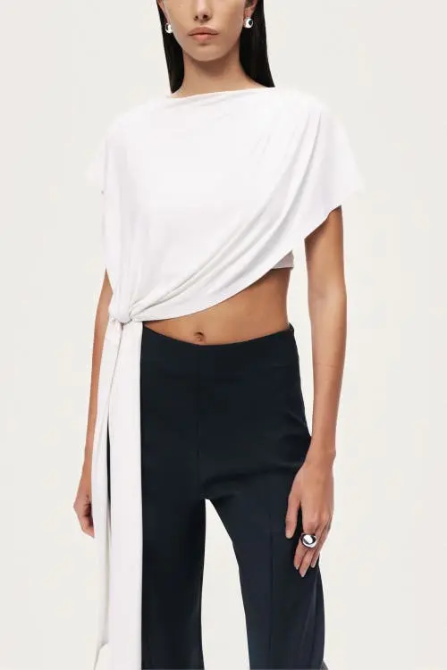 NOCTURNE Asymmetric Tie-front Crop Top - Ivory