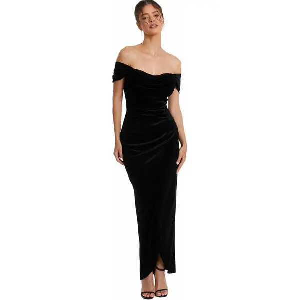 Quiz Velvet Cowl Bardot Maxi Dress In Black - 30% Off | Editorialist