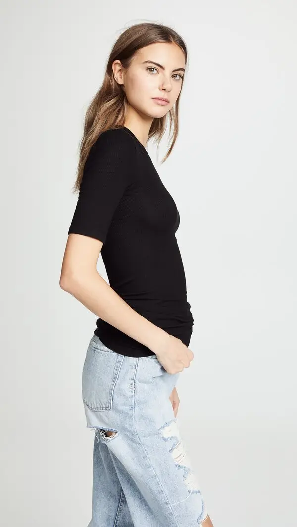 Enza Costa Rib Fitted Half Sleeve Crew Tee - Black
