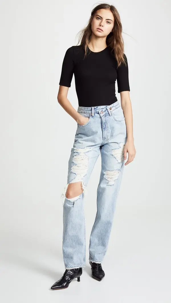Enza Costa Rib Fitted Half Sleeve Crew Tee - Black