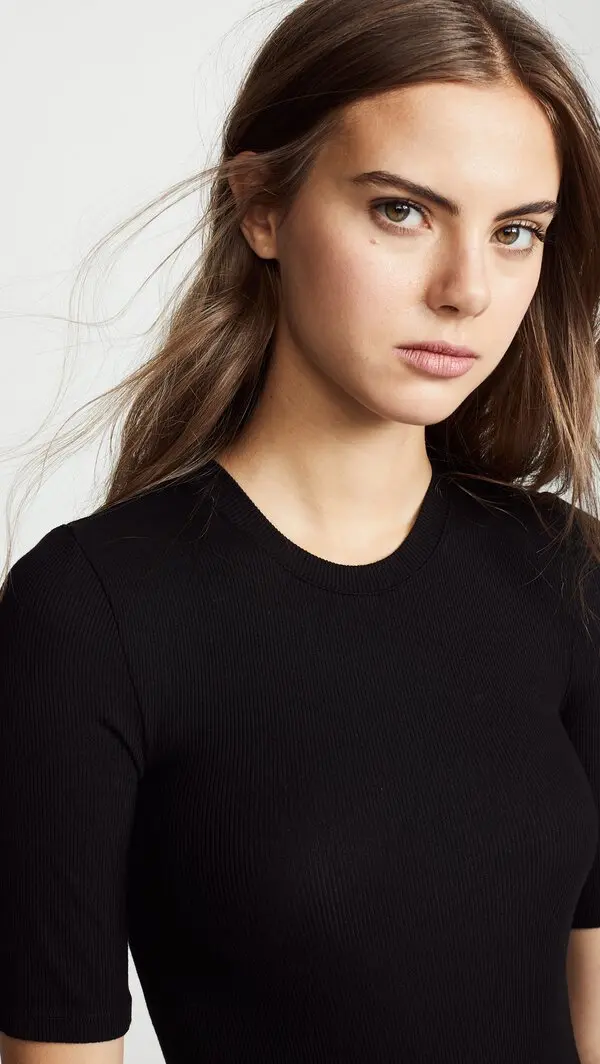 Enza Costa Rib Fitted Half Sleeve Crew Tee - Black