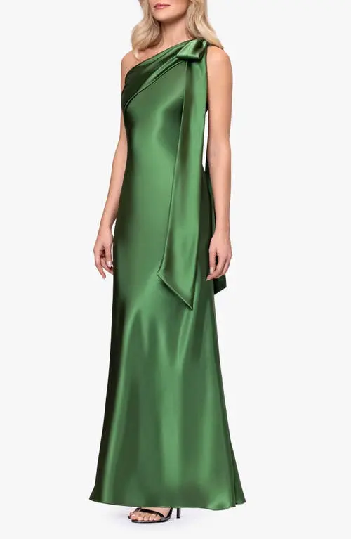 Betsy & Adam Bow Detail One-shoulder Satin Gown