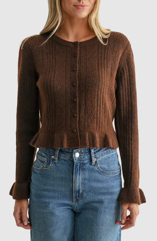 ALL IN FAVOR Pointelle Peplum Cardigan - Dark Brown