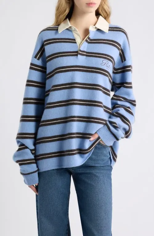 FRAME X The Ritz Paris Stripe Long Sleeve Cashmere Polo Sweater - Light Blue Multi