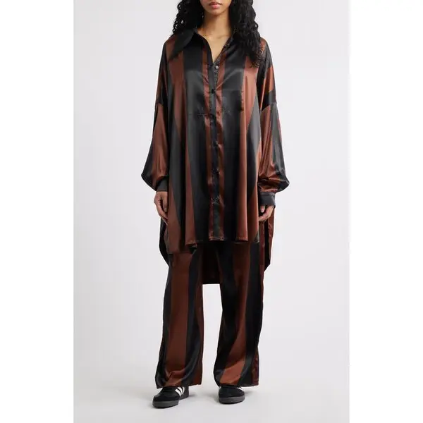 DRESSED IN LALA Posh Stripe Satin Set - Brown/ Black Stripe