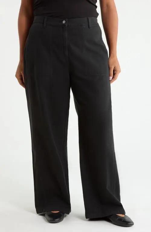 Eileen Fisher High Waist Wide Leg Full Length Organic Cotton Pants - Black