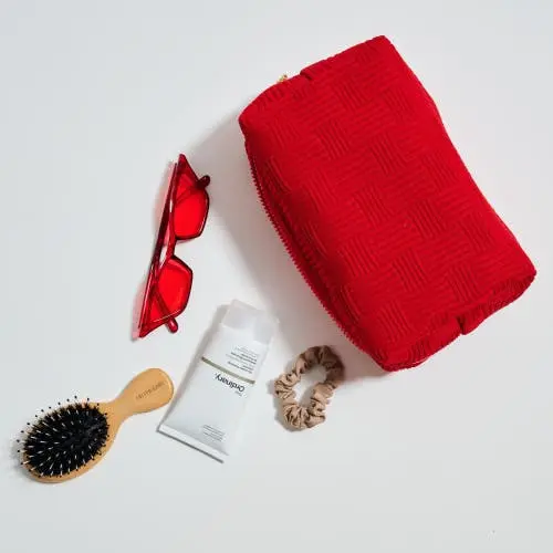 URBAN EXPRESSIONS Hatchway Cosmetic & Travel Organizer Pouch With Woven Texture And Gold Hardware - Red