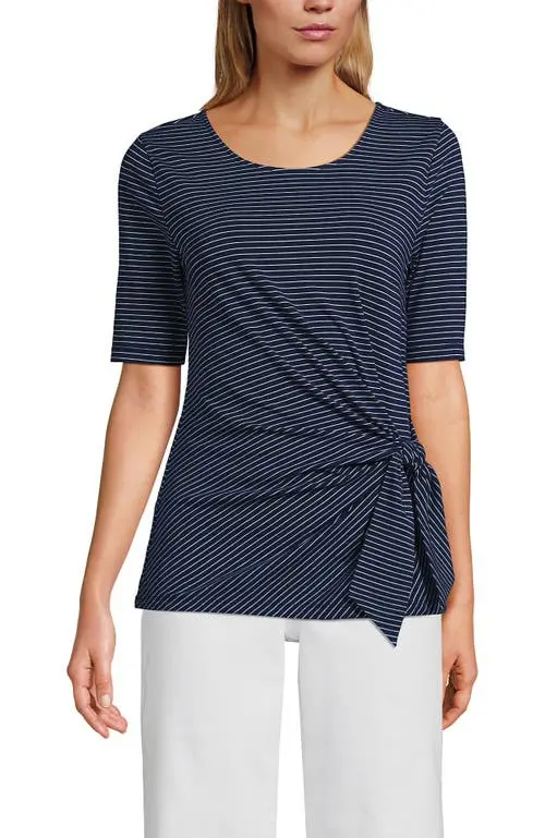 LANDS' END Lightweight Jersey Tie Front Top - Deep Sea Navy Thin Stripe