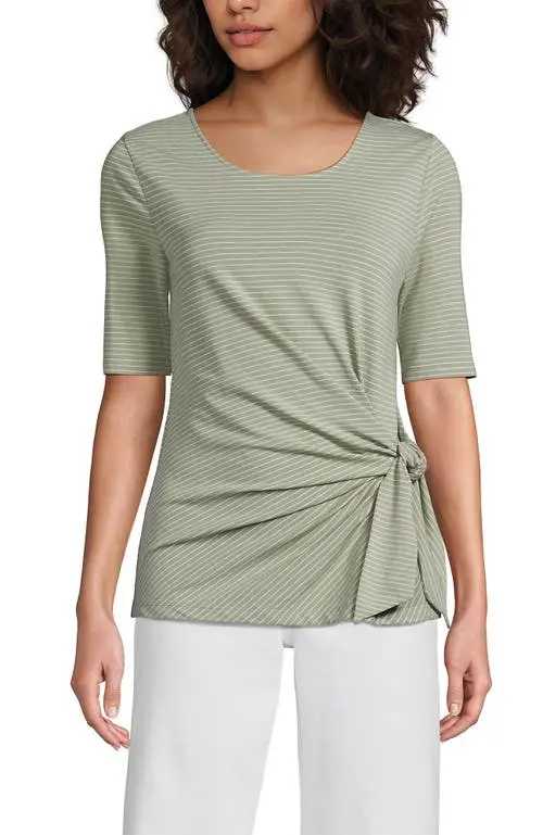 LANDS' END Lightweight Jersey Tie Front Top - Sage Thin Stripe