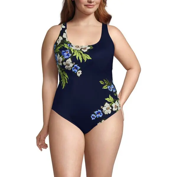 LANDS' END Tugless X-back One Piece Swimsuit - Deep Sea/blue Floral Tropic