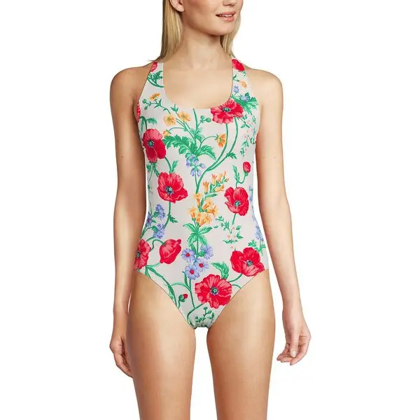 LANDS' END Chlorine Resistant Scoop Neck X-back One-piece Swimsuit - Egret/poppy Floral