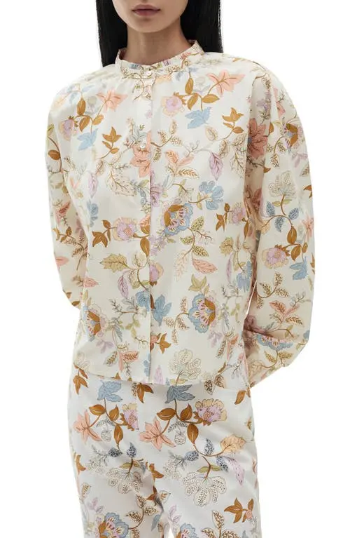 Mango Floral Cotton Band Collar Button-up Shirt