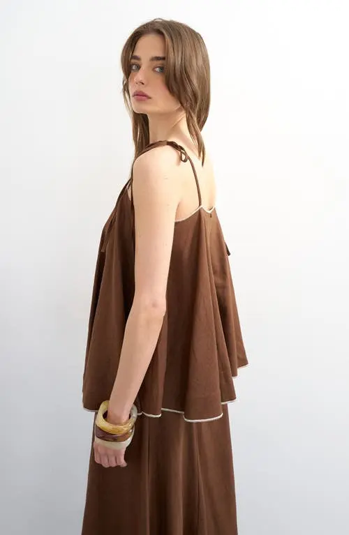 Topshop Linen Blend Cami With Contrast Whipstitching - Brown